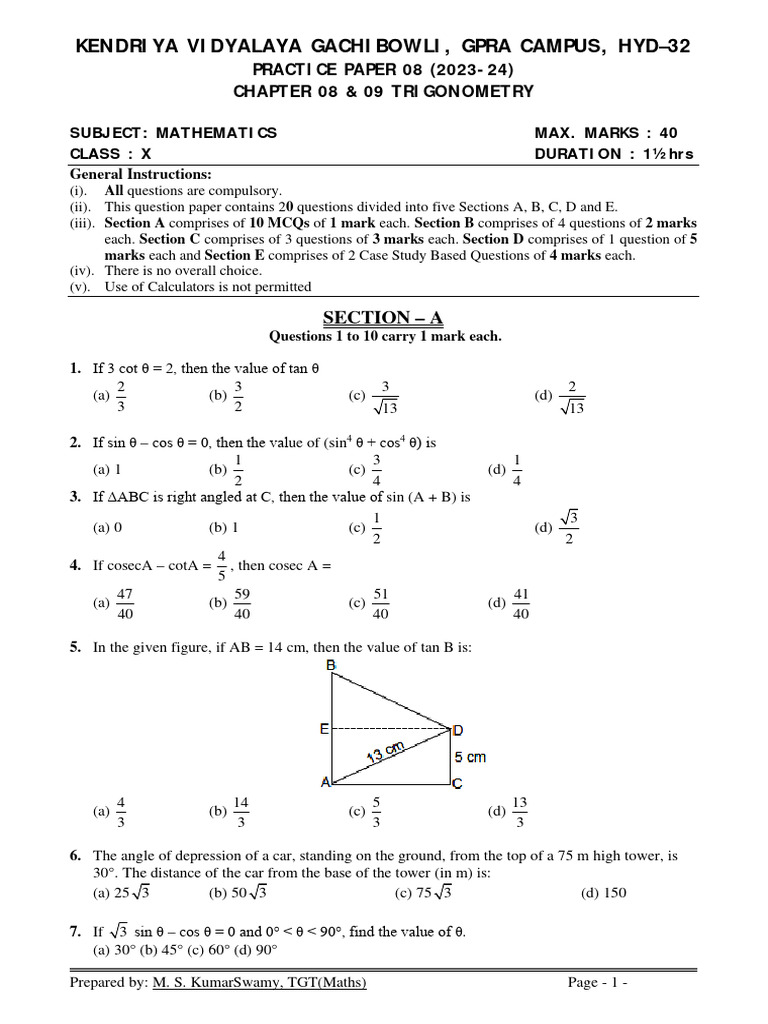 Mathh Class, 10 Worksheet | PDF | Trigonometry | Elementary Mathematics