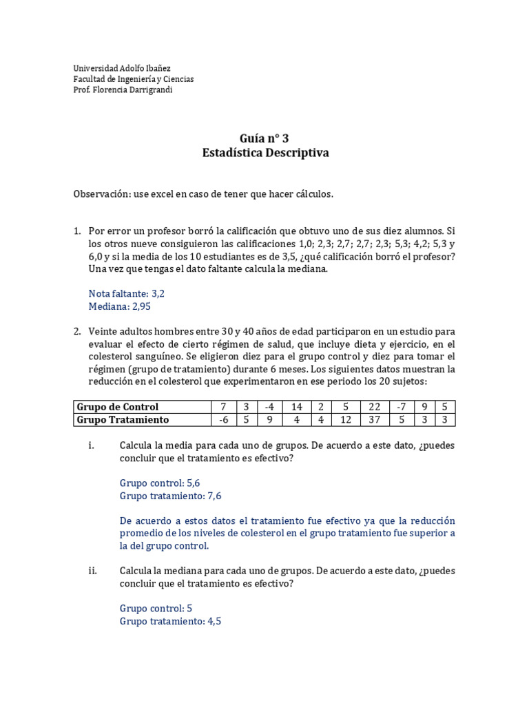 Guía N° 3 (Respuestas) Estadística Descriptiva | PDF | Media