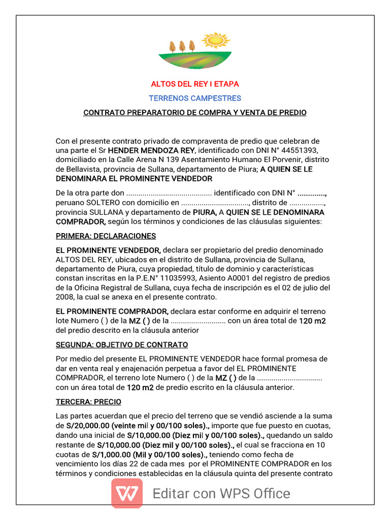 Modelo de Contrato Preparatorio de Compraventa de Predio | PDF | Derecho privado | Derecho civil ...