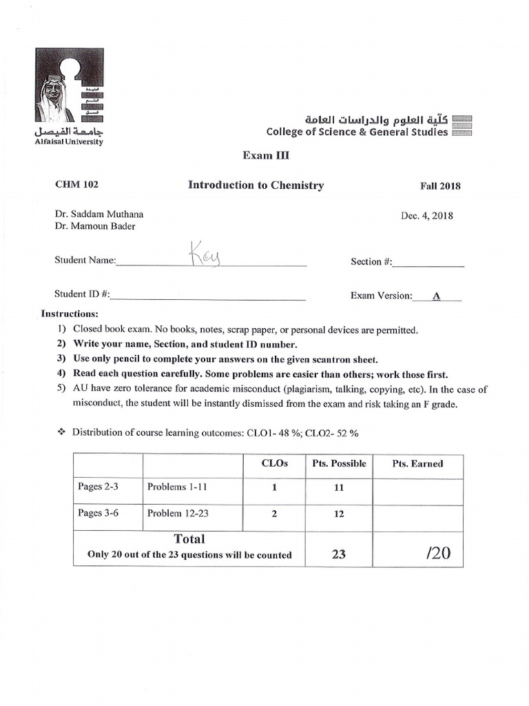 CHM 102 Exam 3A Key | PDF