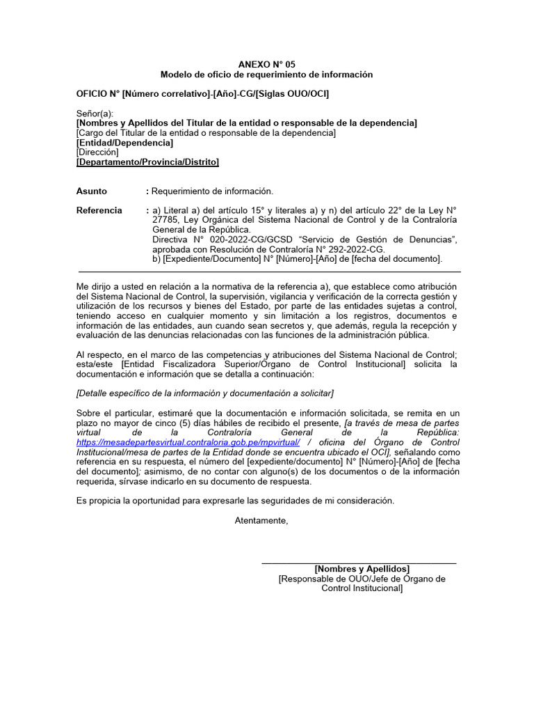 MODELO Oficio REQUERIMIENTO DE INFORMACIÓN A La Entidad Sujeta A Control | PDF | Gobernancia ...