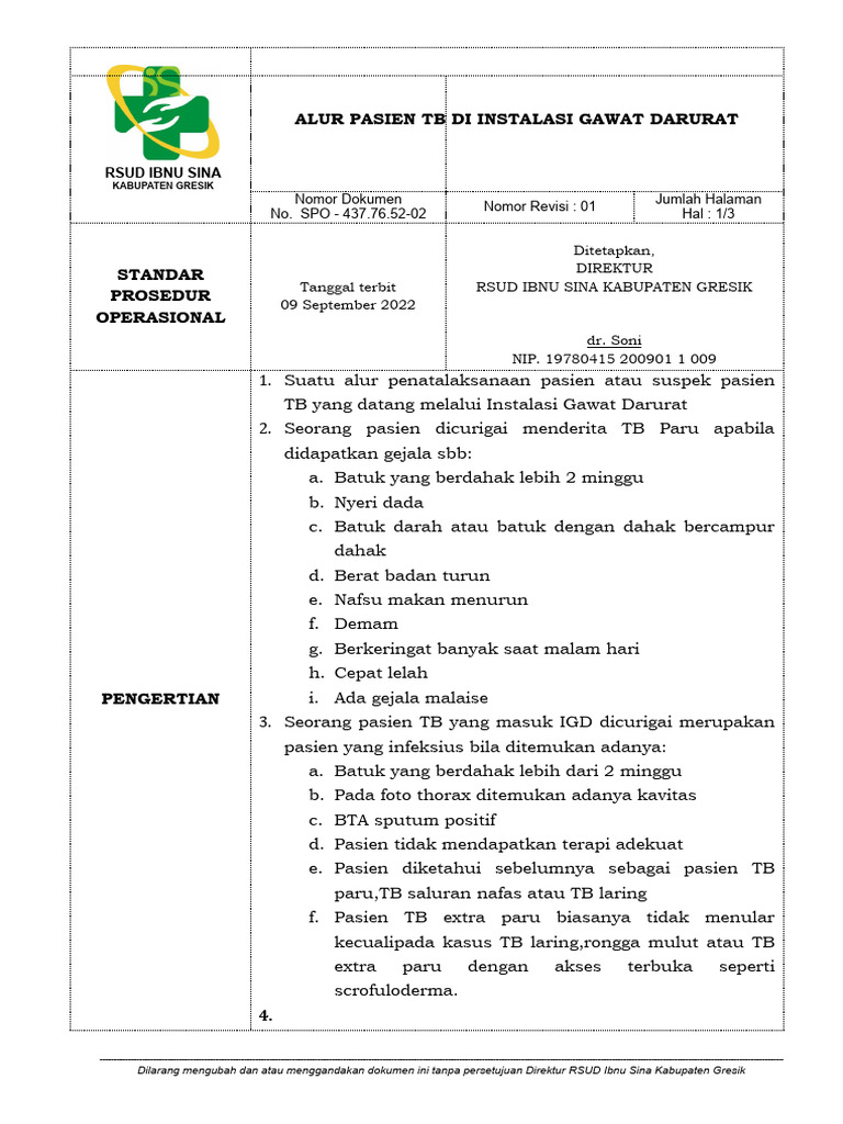 Contoh SPO PELAYANAN PASIEN TB DI INSTALASI GAWAT DARURAT | PDF