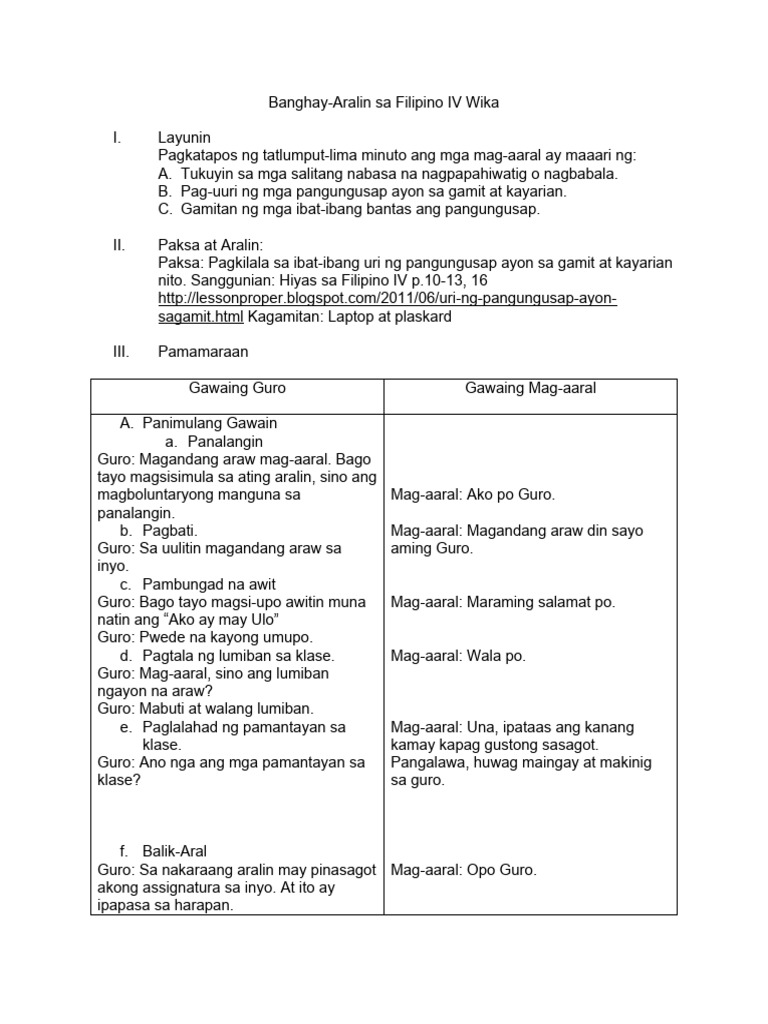 Quinones Grade 4 Filipino Lesson Plan | PDF