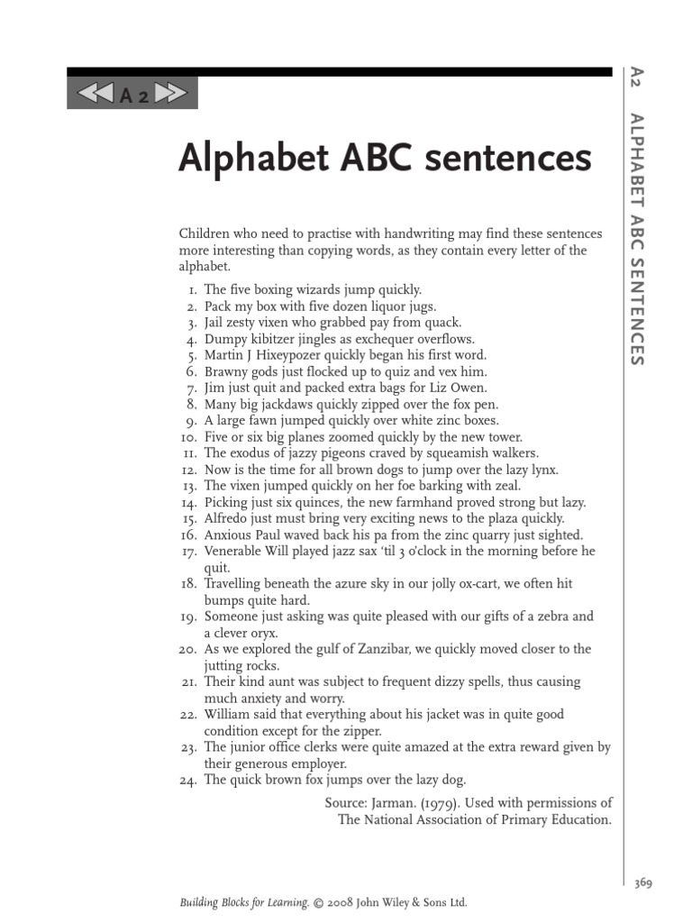 A2 Alphabet ABC Sentences | PDF