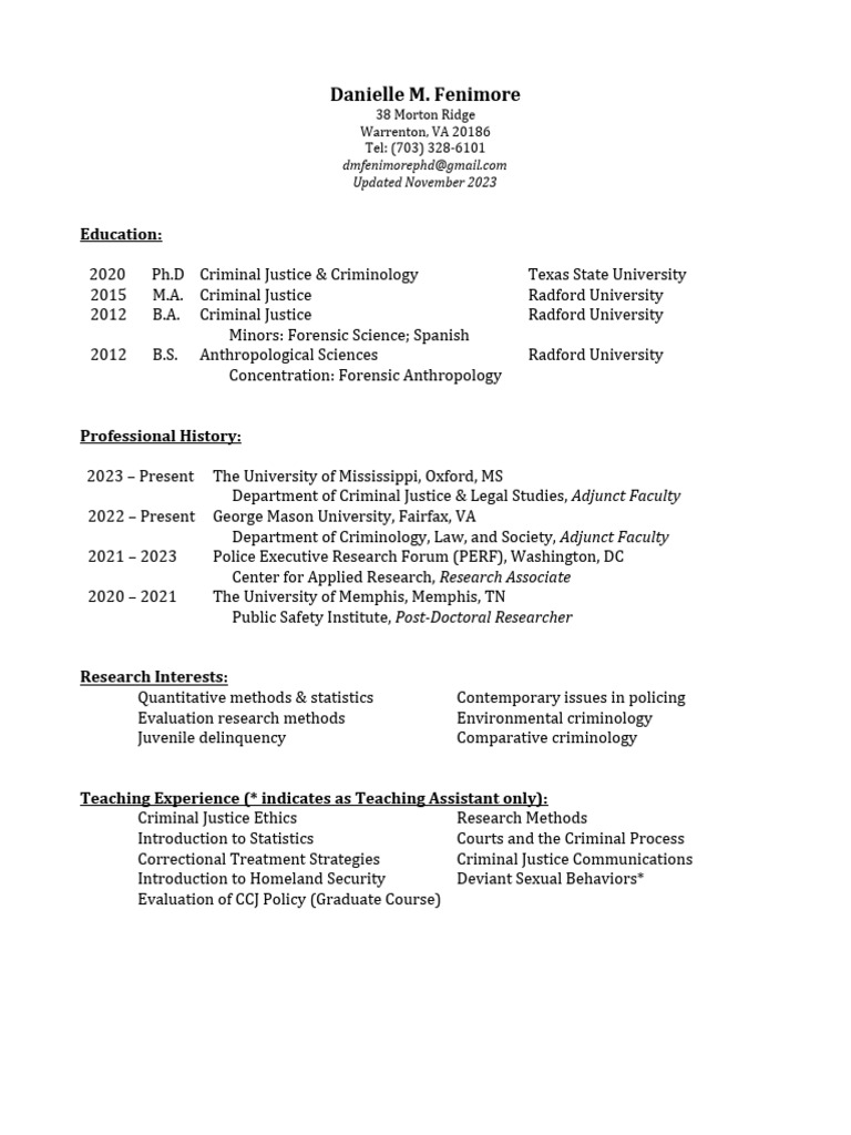 Danielle M. Fenimore - Curriculum Vitae | PDF | Criminology | Criminal Justice