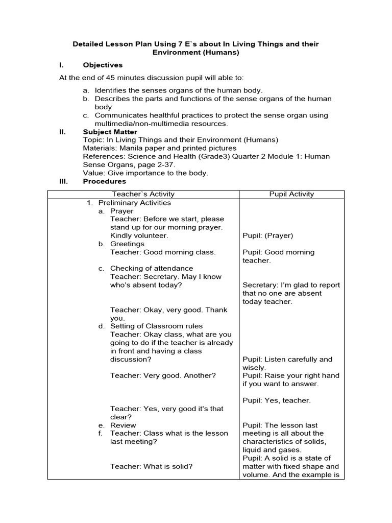 Lesson Plan Science 3 in Living Things and Their Environment (Humans ...