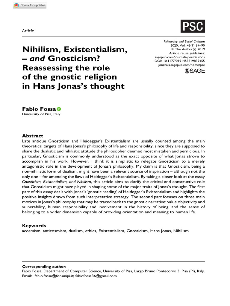 Fossa, F. - NIILISM EXISTENTIALISM AND GNOSTICISM - RESSESSING THE ROLE OF THE GNOSTIC RELIGION ...