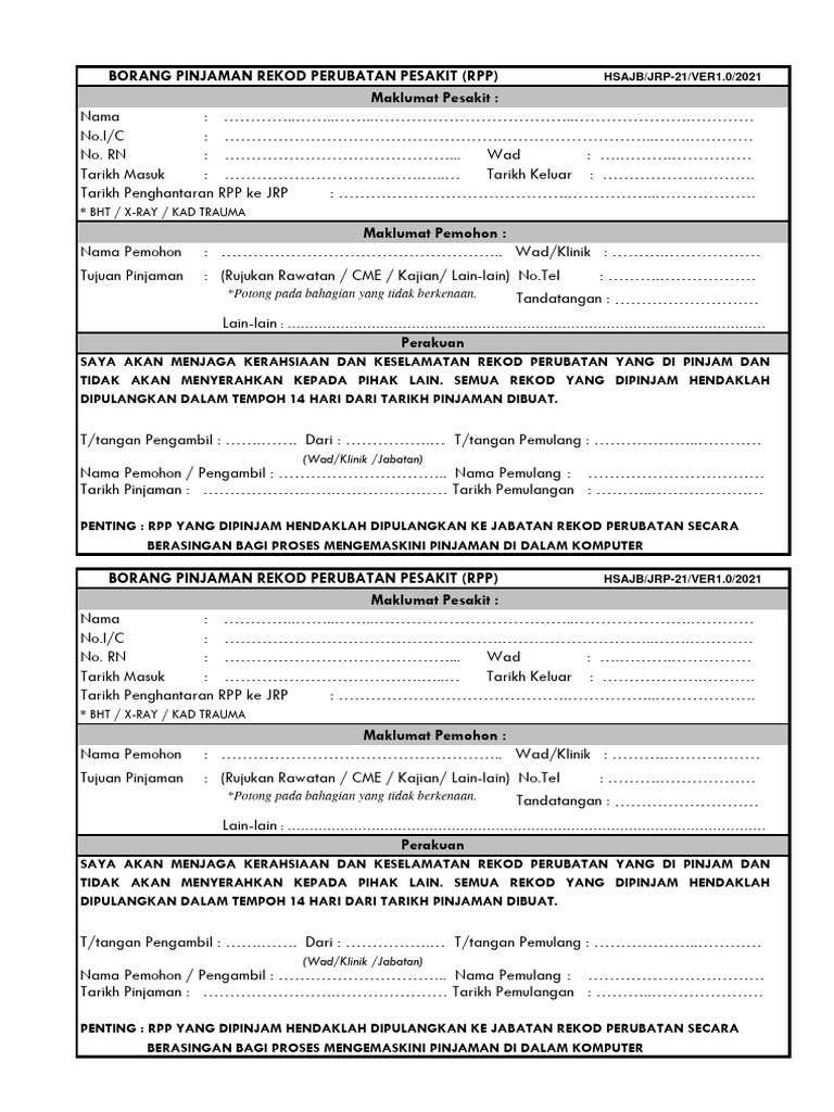 Slip Borang Pinjaman Rekod Perubatan Pesakit Cetakan Baru 2023 | PDF