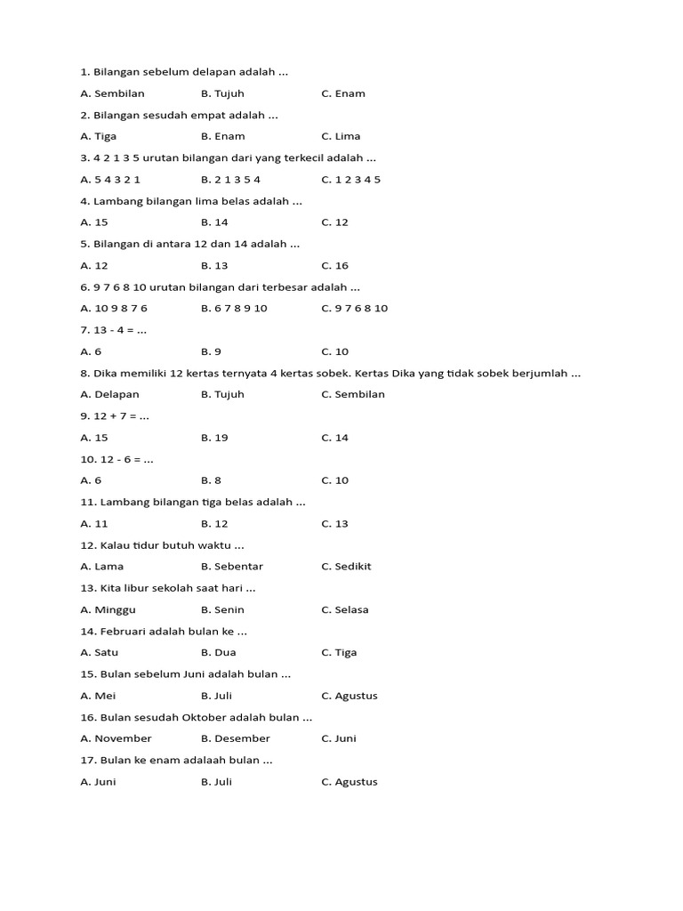 Soal MTK Kls 1-Ganjil-2023 | PDF
