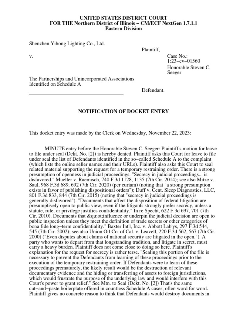 Shenzhen Yihong Lighting v. Schedule A - Order Denying Motion To Seal | Download Free PDF ...
