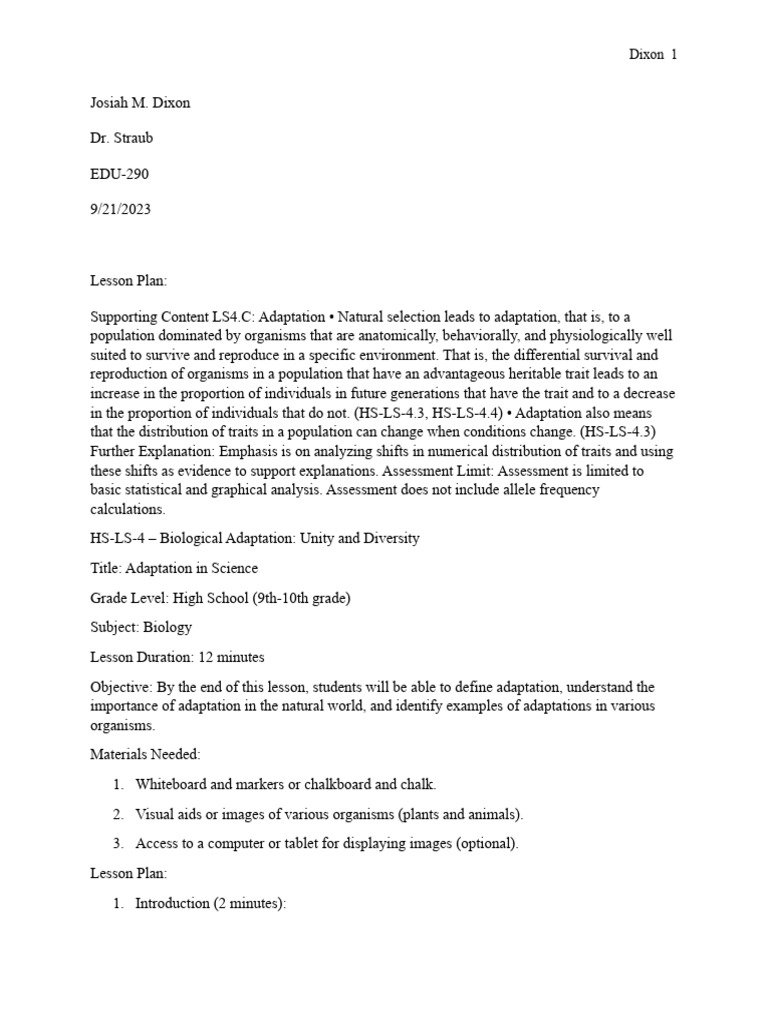 Sci Final Lesson Plan | PDF | Adaptation | Evolution