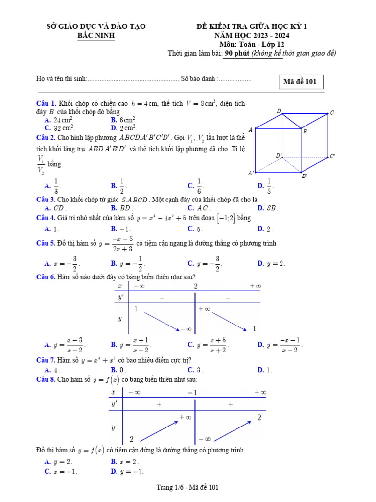 De Kiem Tra Giua Hoc Ky 1 Toan 12 Nam 2023 2024 So GDDT Bac Ninh | PDF
