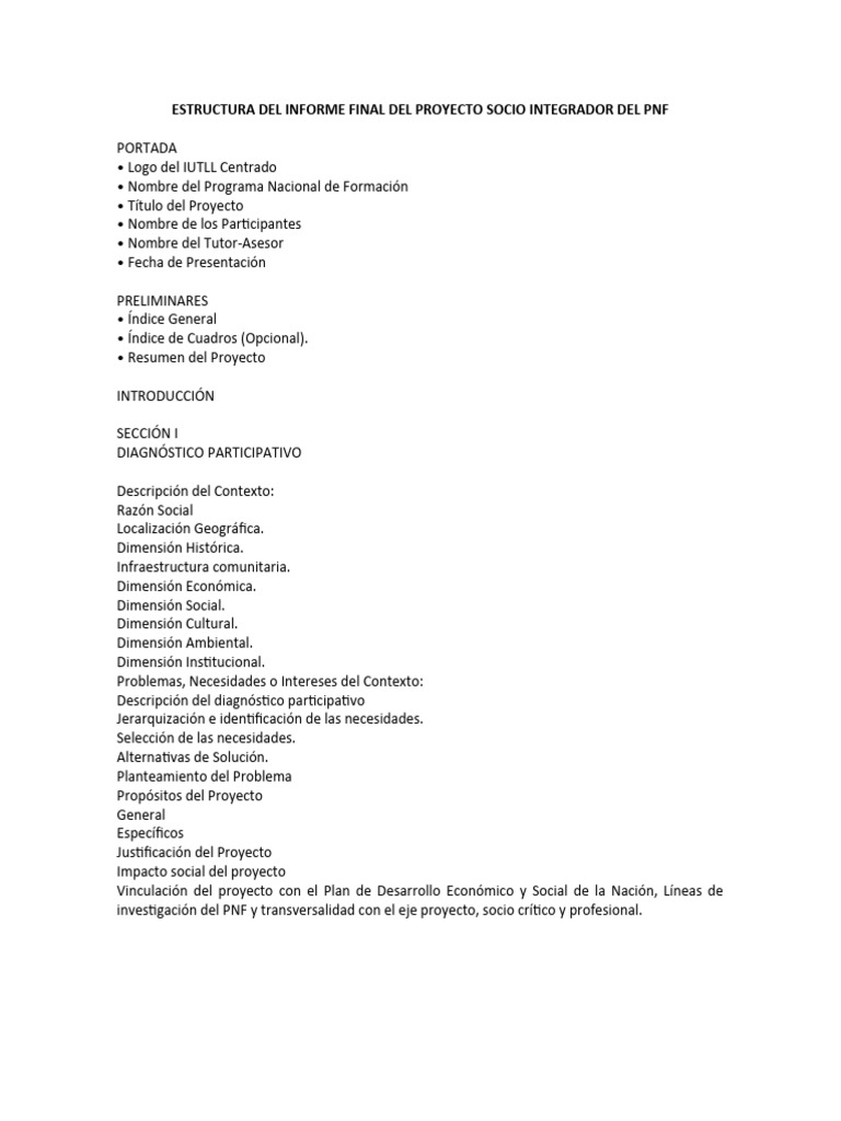 IUT Los Llanos - ESTRUCTURA DEL INFORME FINAL DEL PROYECTO SOCIO INTEGRADOR DEL PNF | PDF ...