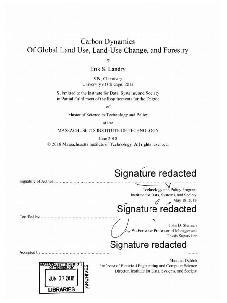 Signature Redacted: Carbon Dynamics of Global Land Use, Land-Use Change, and Forestry | PDF ...