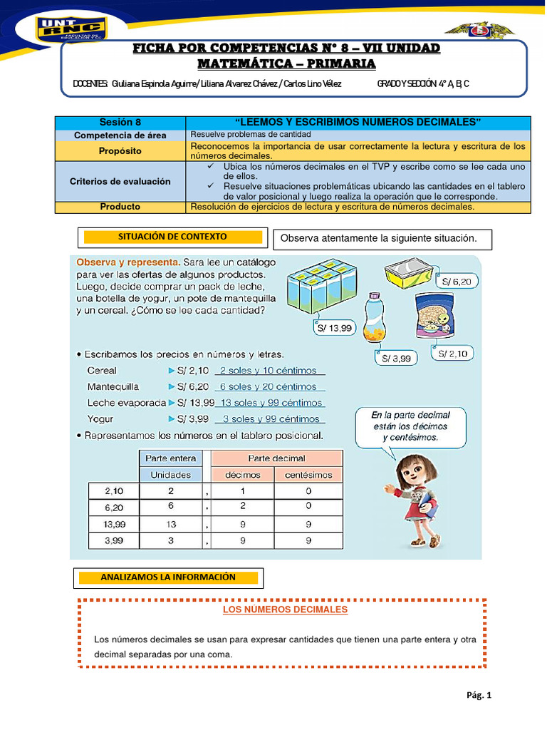 Guía 8 - MATEMÁTICA - NÚMEROS DECIMALES - 4° GRADO | PDF | Decimal ...