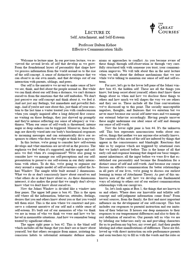 L09 Self, Attachment, and Self-Esteem | PDF | Attachment Theory | Self Esteem