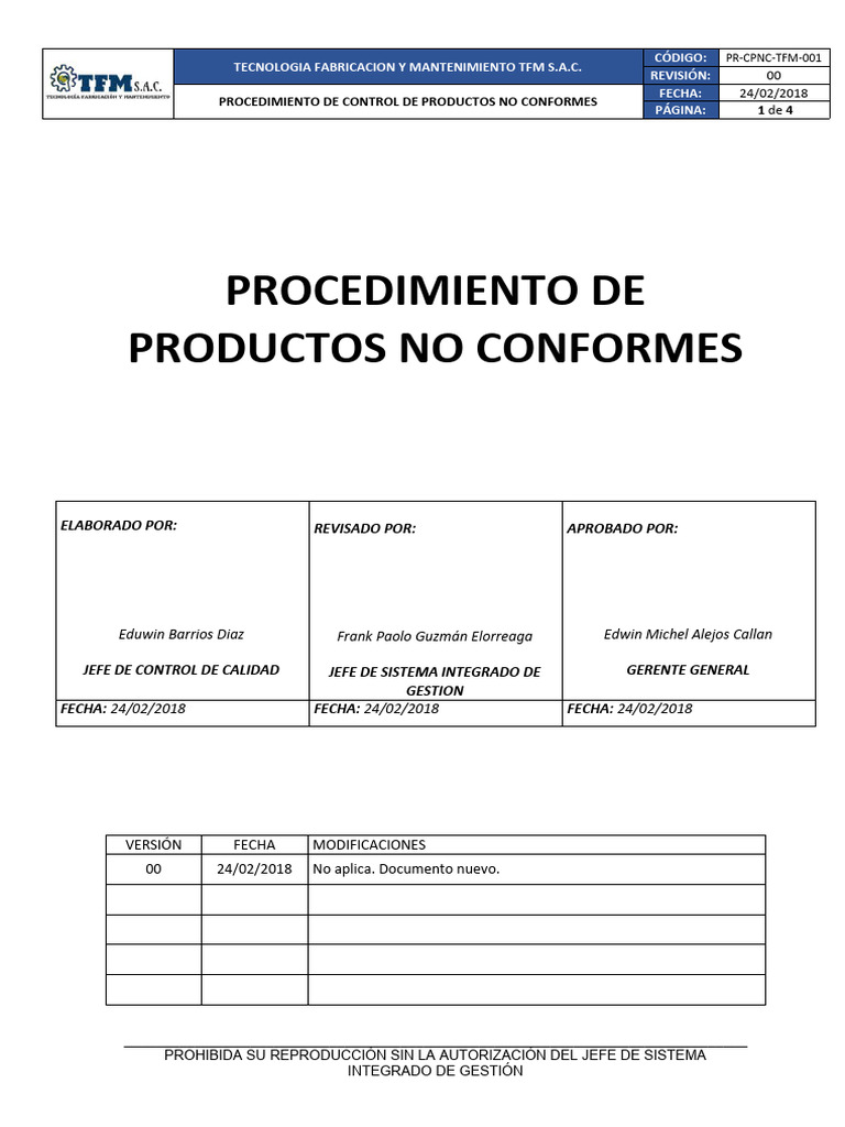 Procedimiento de Productos No Conformes TFM | PDF | Calidad (comercial)