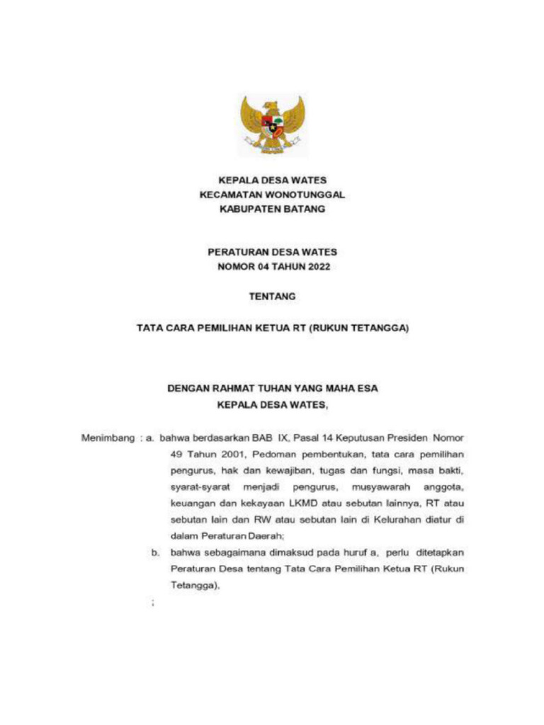 Peraturan Kepala Desa No 04 Tentang Tata Cara Pemilihan Ketua RT | PDF