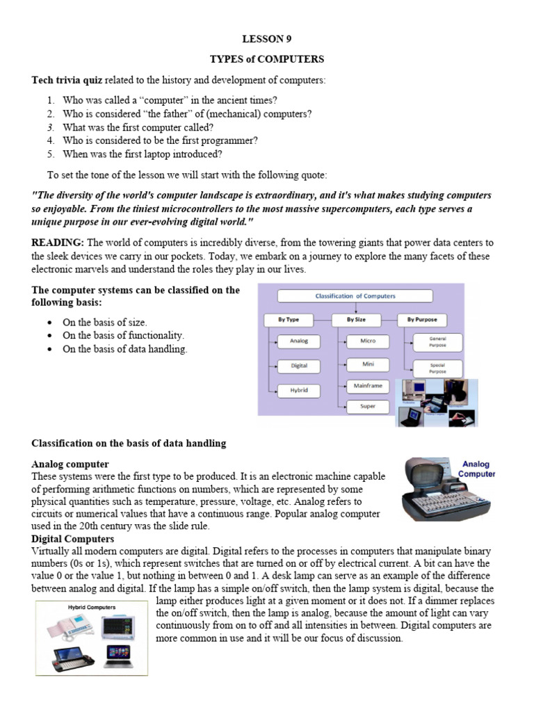 Lesson 9 - Types of Computers | PDF | Microcomputers | Supercomputer