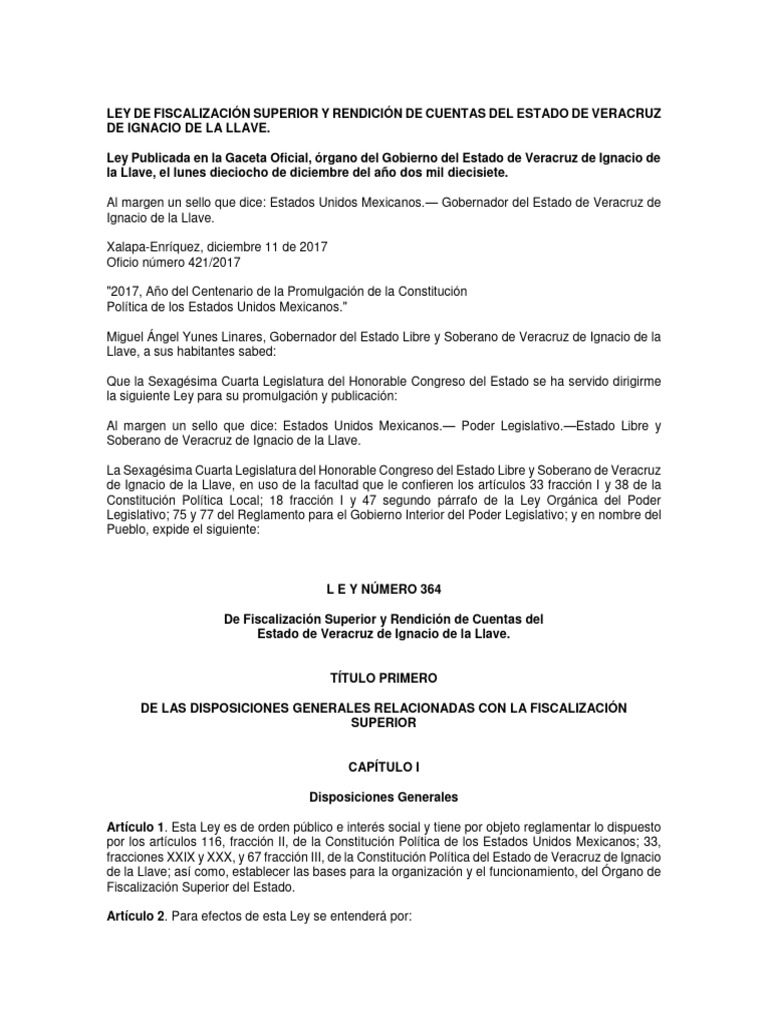Ley de Fiscalizacion Superior y Rendicion de Cuentas Del Estado de Veracruz | PDF | Auditoría ...