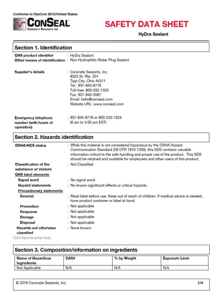 Hydra Sealant SDS Eng | PDF | Carbon Dioxide | Occupational Safety And Health