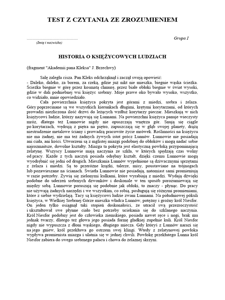 Test Z Czytania Ze Zrozumieniem - Pan Kleks | PDF