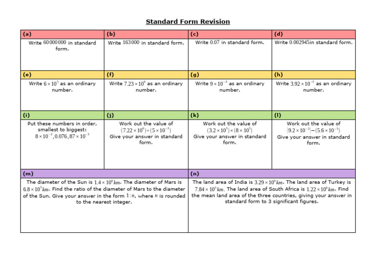 Standard Form Revision Practice Grid | PDF