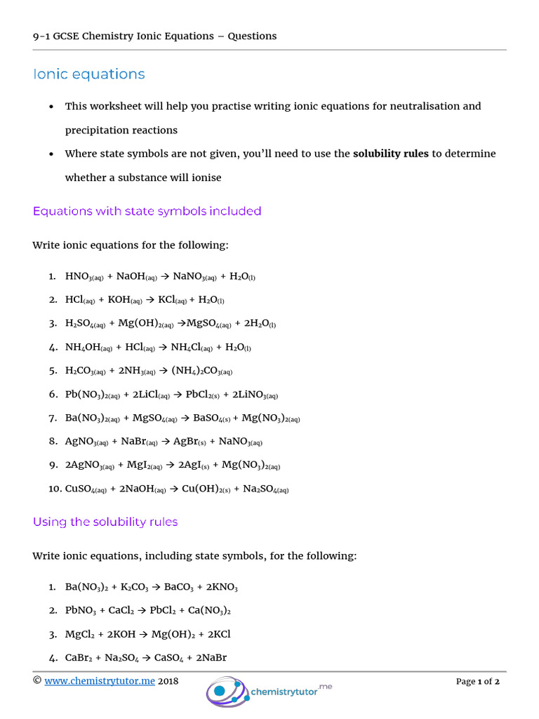 Ionic Equations Practice Worksheet | PDF