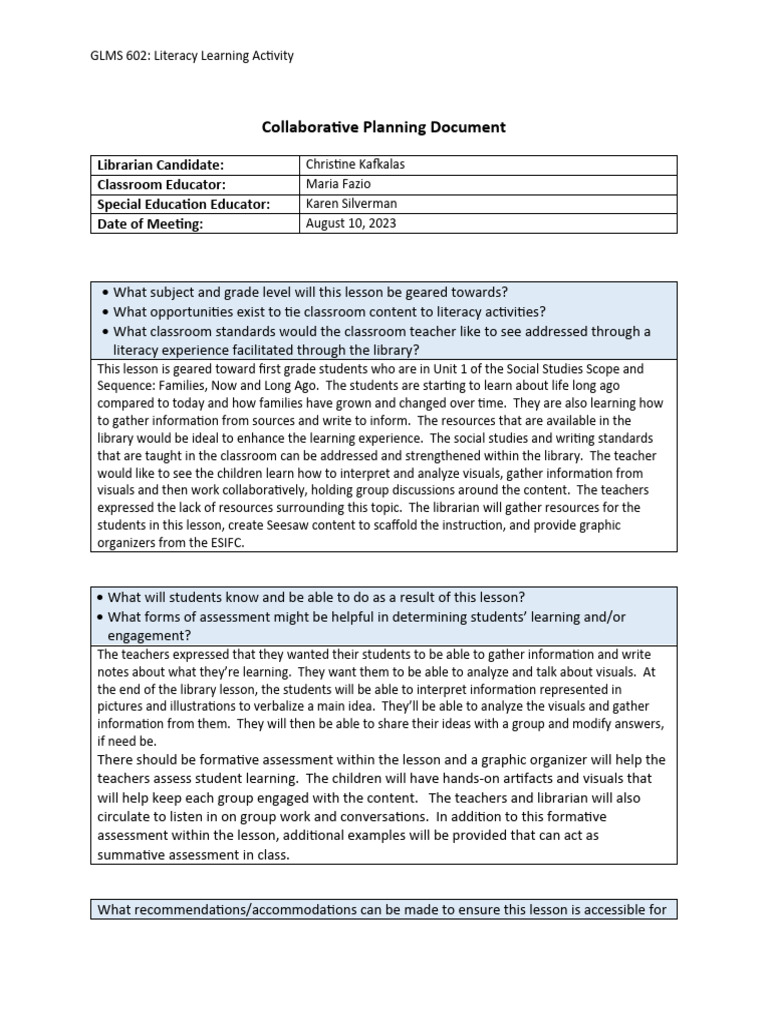First Grade Literacy Learning Plan | PDF | Teachers | Libraries