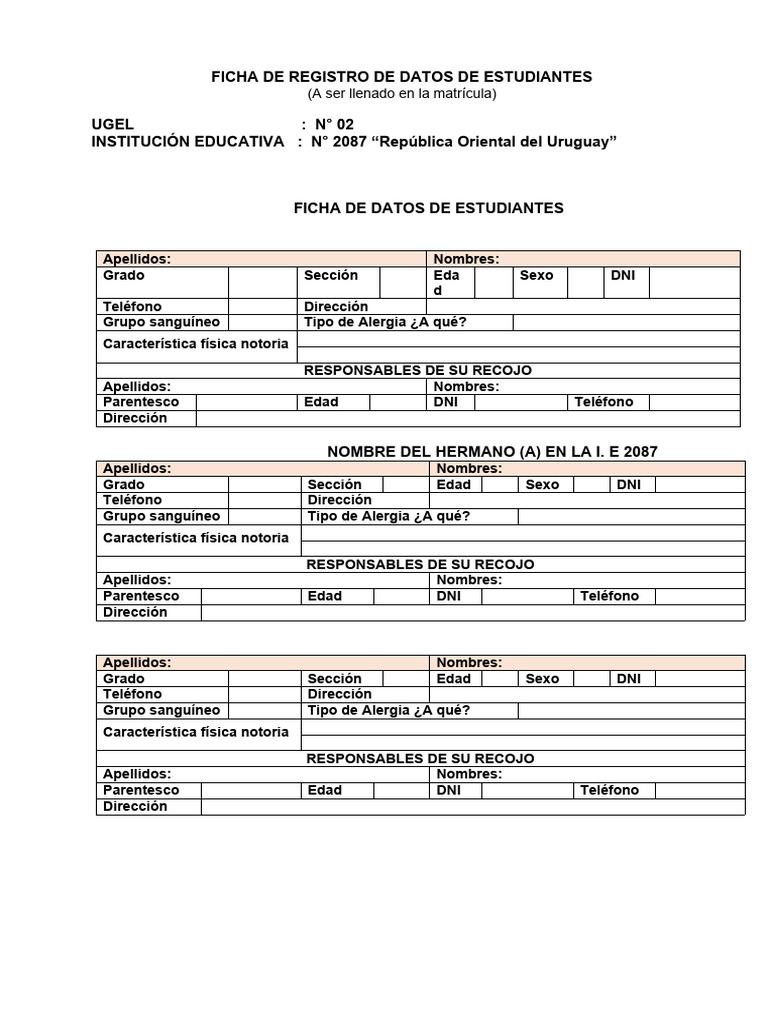 Ficha de Registro Estudiantes 2087 | PDF