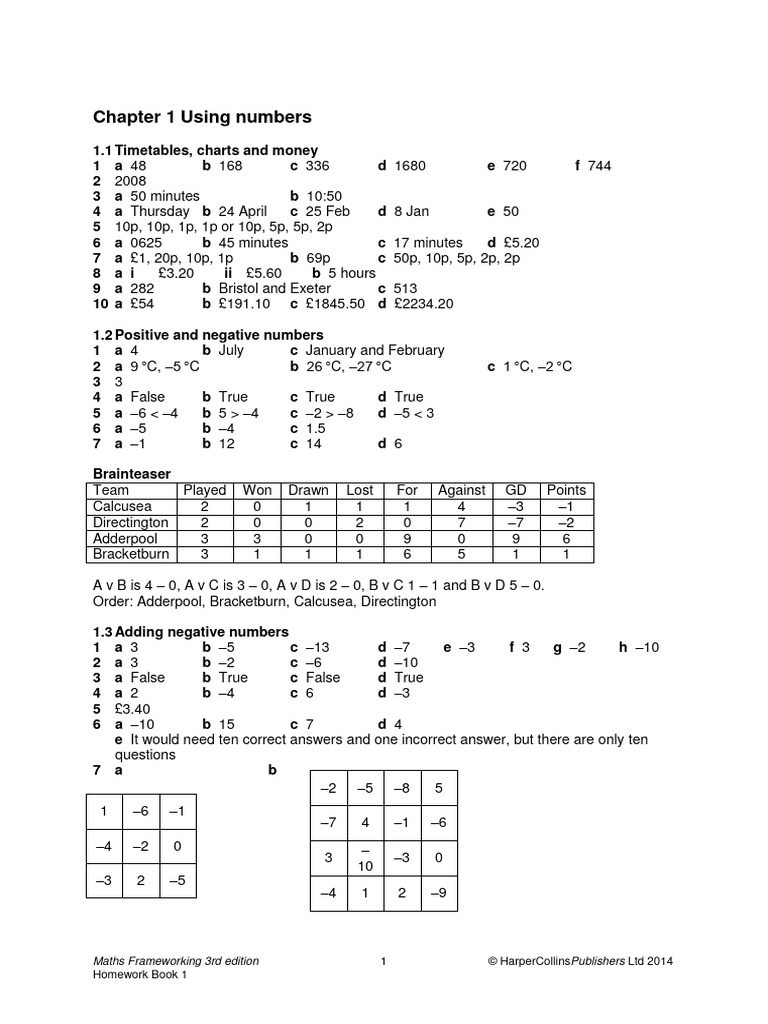 Mathematics Frameworking Homework Book 1 Answers | PDF