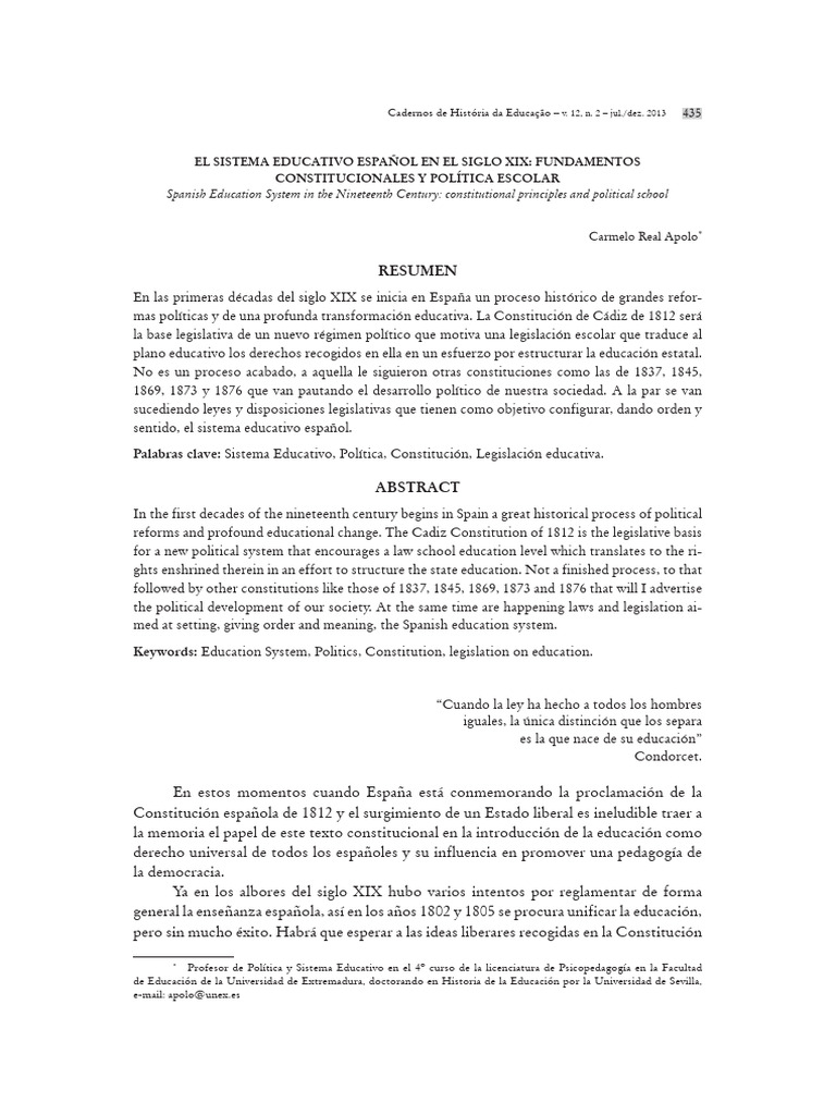 Sistema Educativo Español en El sXIX. Fundamentos Constitucionales y ...
