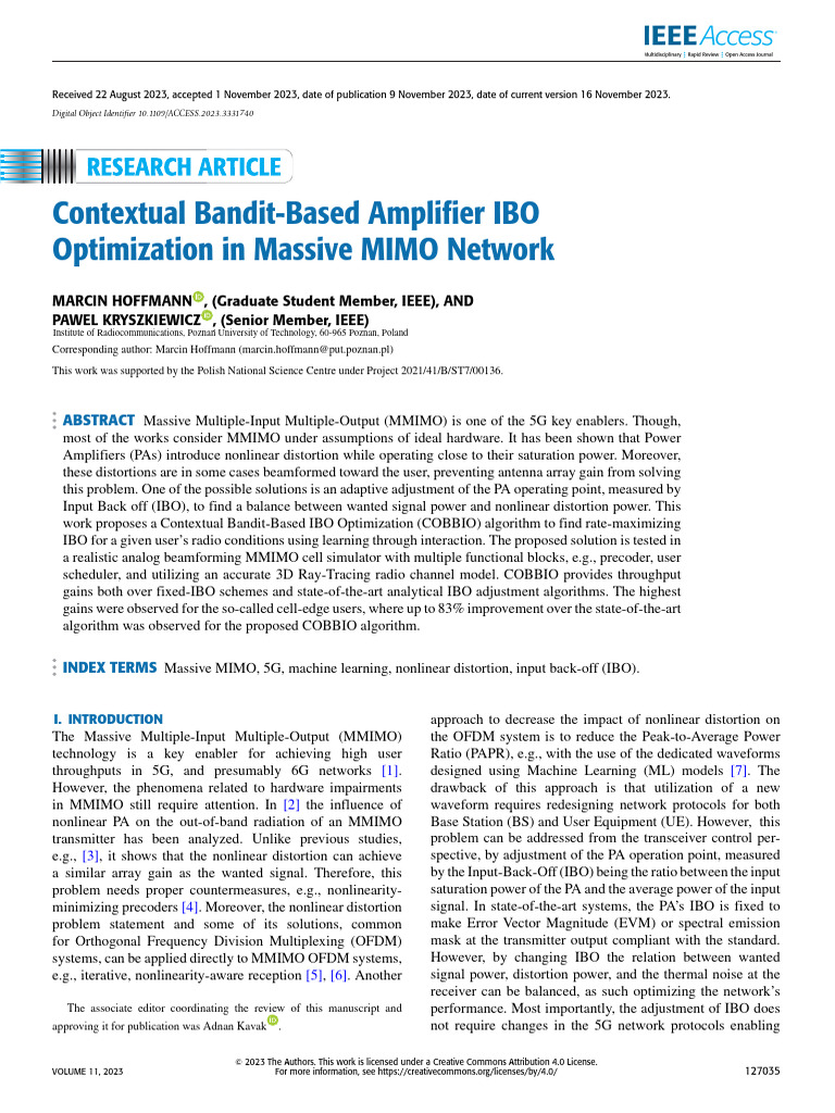Contextual Bandit-Based Amplifier IBO Optimization in Massive MIMO Network | Download Free PDF ...
