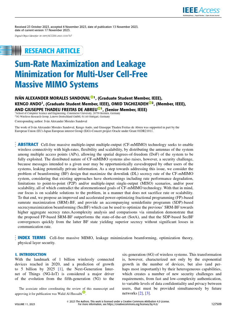 Sum Rate Maximization And Leakage Minimization For Multi User Cell Free