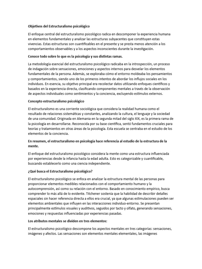 Objetivos Del Estructuralismo Psicológico | PDF | Sicología | Mente