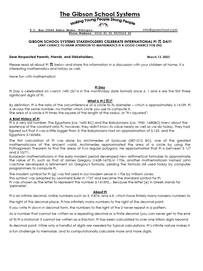 Pi Day - Letter For Parents | PDF | Pi | Numbers