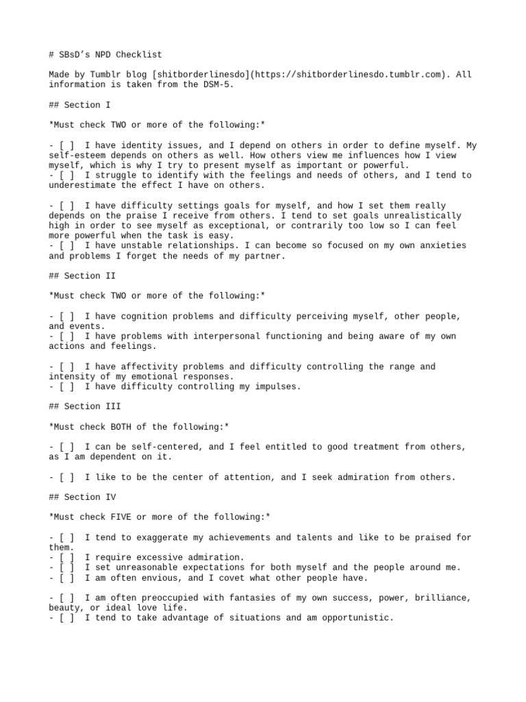 NPD Checklist | PDF | Anxiety | Mental Disorder