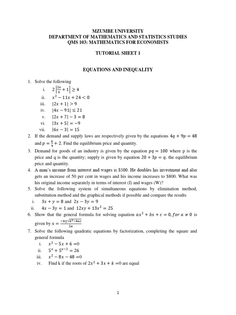QMS 103 Tutorial Sheet 1 | PDF | Mathematics | Equations