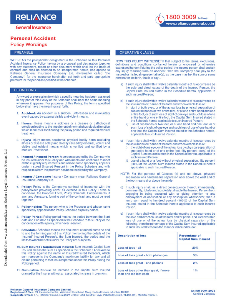 Reliance Personal Accident Policy Details | PDF | Insurance | Finger