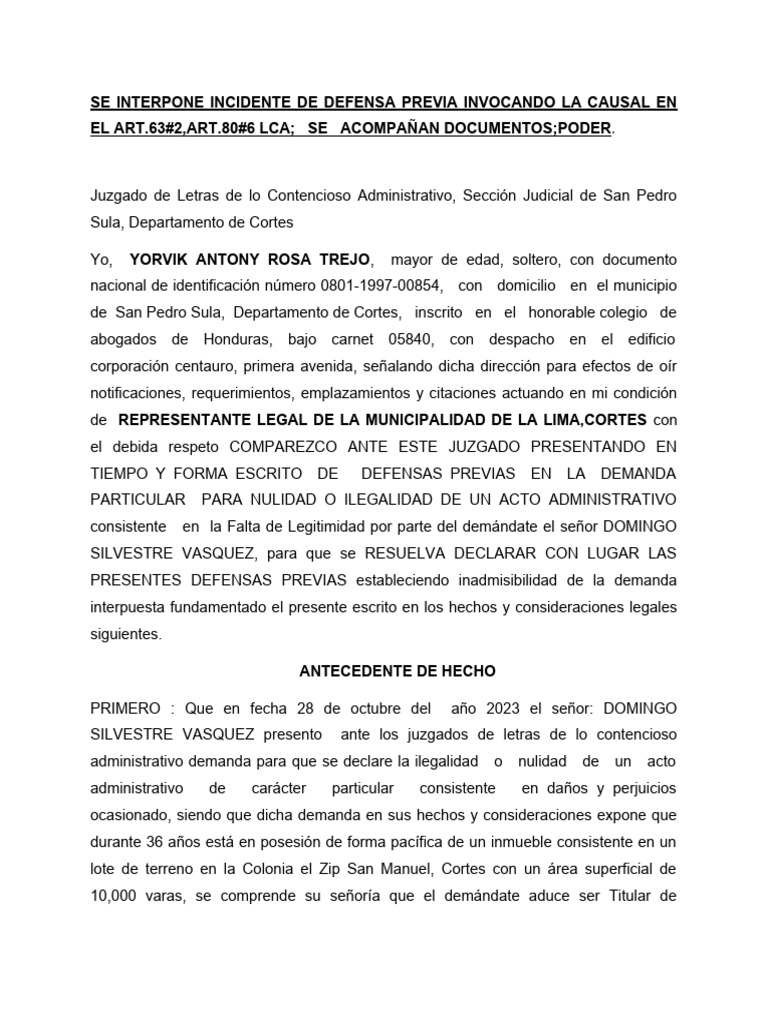 Se Interpone Incidente de Defensa Previa Invocando La Causalen El Art | PDF | Demanda judicial ...