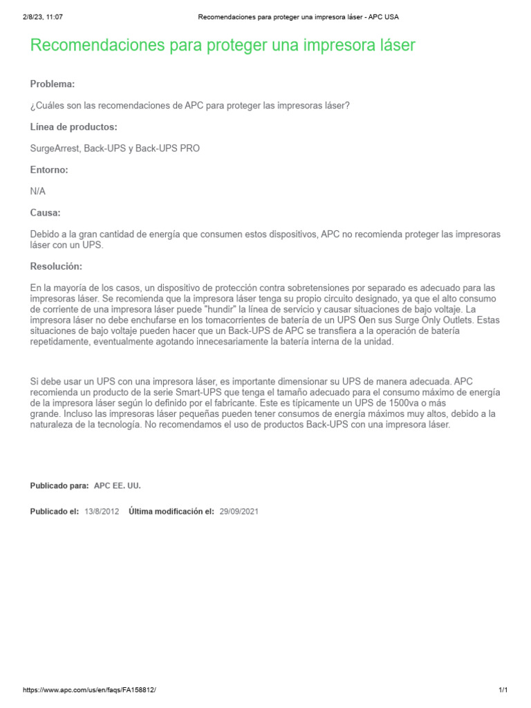 Protección de impresoras láser - APC | PDF
