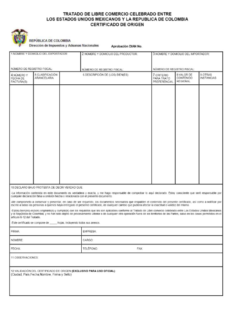 Formato Certificado de Origen Mexico | PDF