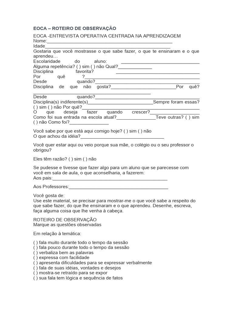 Eoca - Roteiro de Observação | Download grátis PDF | Escolas
