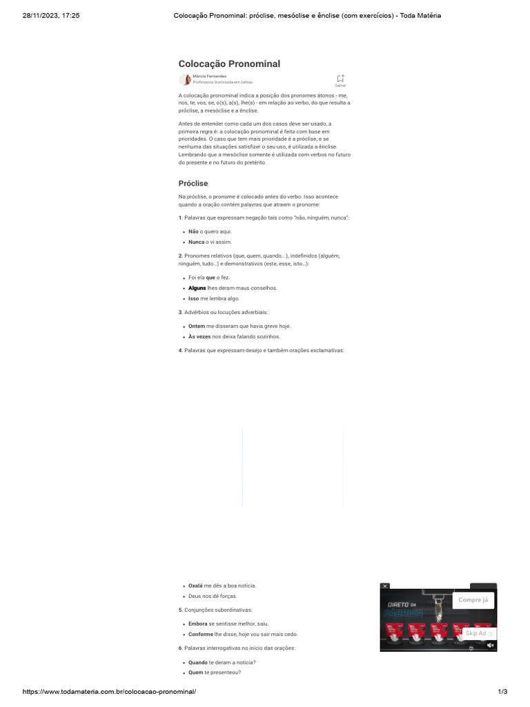 Colocação Pronominal: Próclise, Mesóclise e Ênclise | PDF | Pronome ...