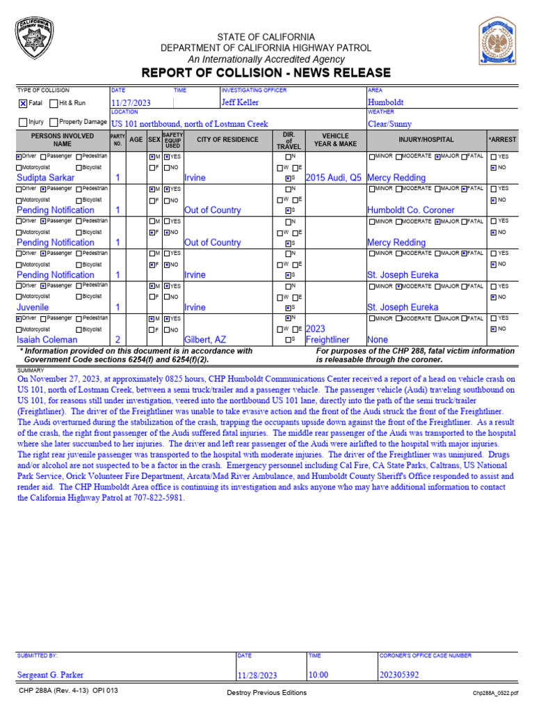 Chp288A 11-27-23 | PDF | California Highway Patrol | Traffic Collision