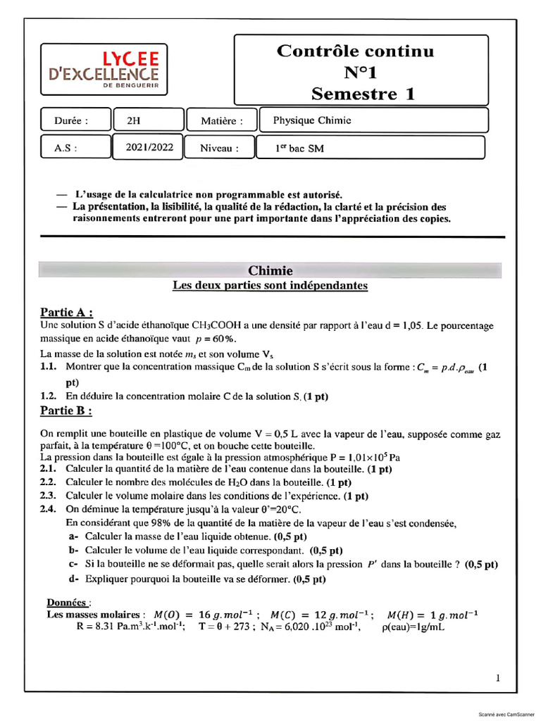 Devoir 1 PC 1bac SM Lydex | PDF