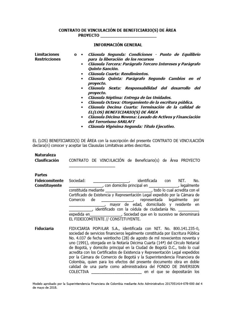 Modelo Contrato de Vinculacion de Beneficiario de Area | PDF | Ley de fideicomiso | Derecho ...