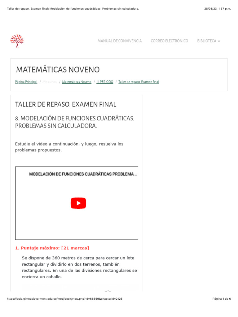Taller de Repaso. Examen Final: Modelación de Funciones Cuadráticas. Problemas Sin Calculadora ...