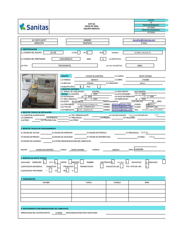 ICFT-01 Hoja de Vida de Equipo Biomédico | PDF