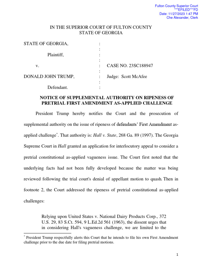 Trump Notice of Pretrial 1st Amendment Challenge 112723 | PDF | First ...